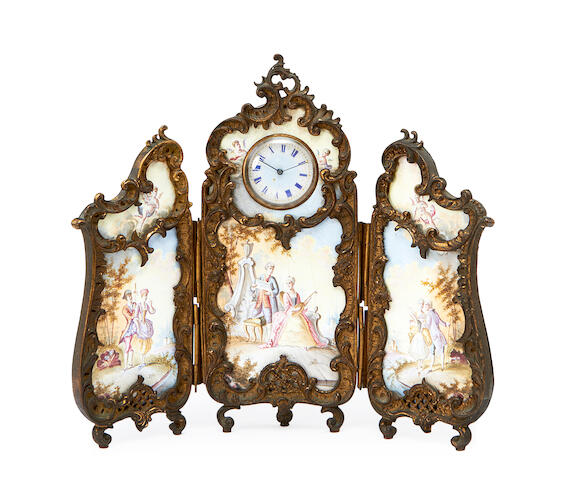 Bonhams : A 20th century Austrian gilt metal and enamel triptych timepiece