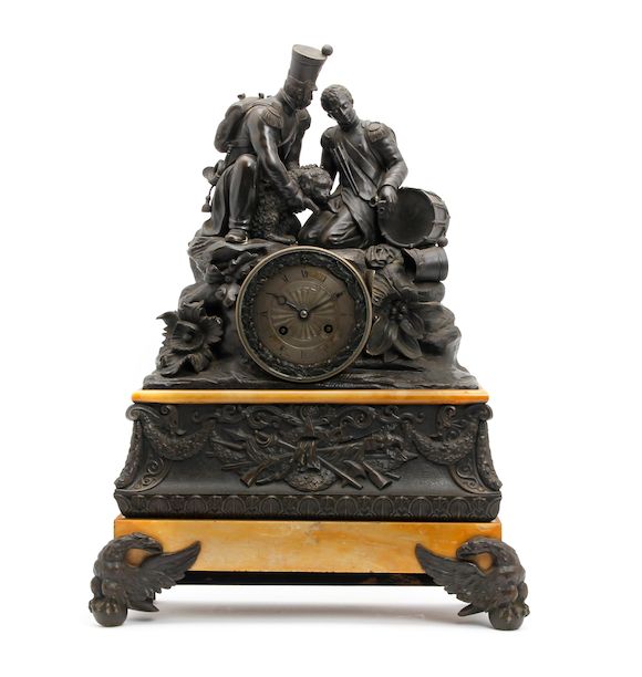Bonhams : A 19th century French Empire bronze and marble mantel clock ...