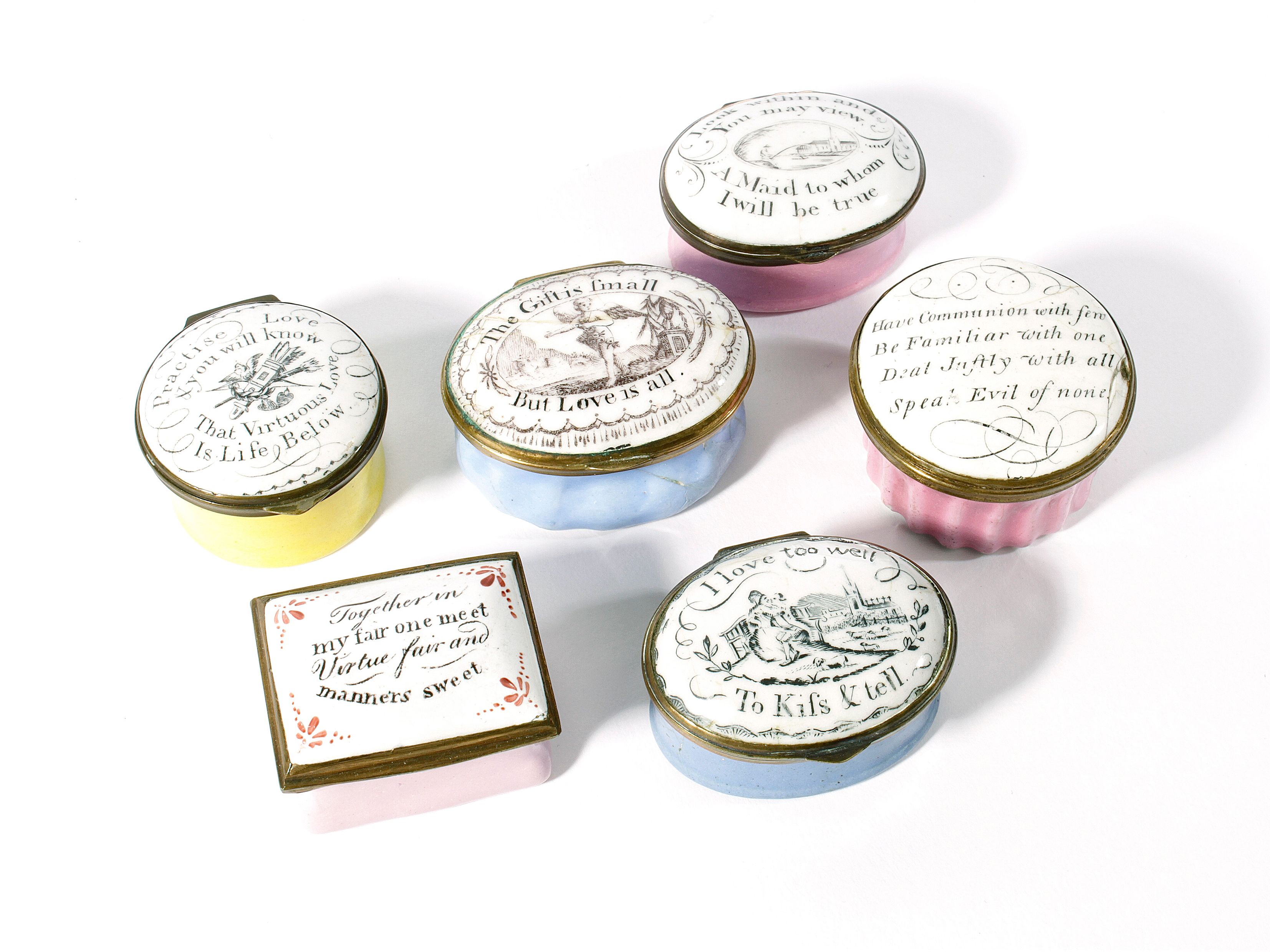 Bonhams : Six South Staffordshire enamel motto patch boxes, circa 1790-1810
