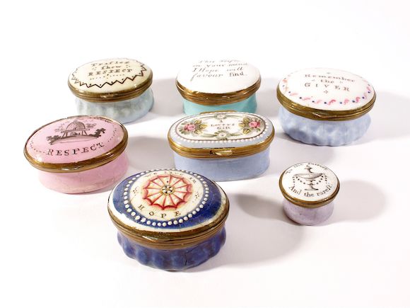 Bonhams : Seven South Staffordshire enamel motto boxes, early 19th century