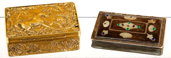 Bonhams : An antique brass rectangular snuff boxThe lid relief ...