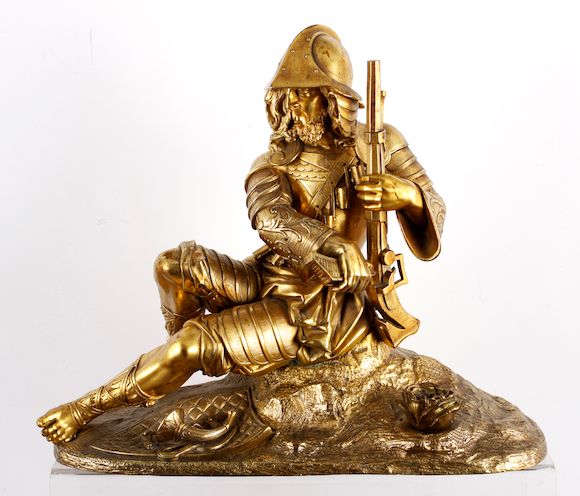 Bonhams : A late 19th century gilt bronze of a German Musketeer