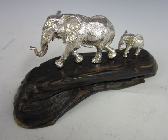 Bonhams : A silver model of an elephant and her calf by Patrick Mavros ...