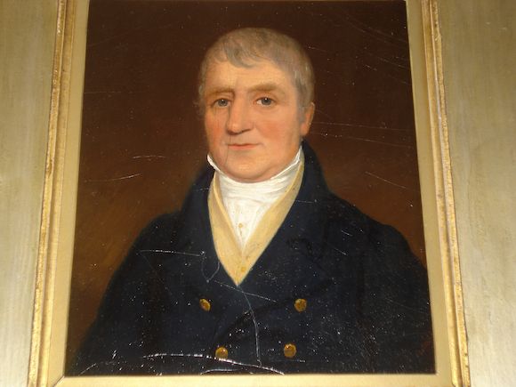 Bonhams : 19th Century School Portrait of a gentleman wearing a blue jacket