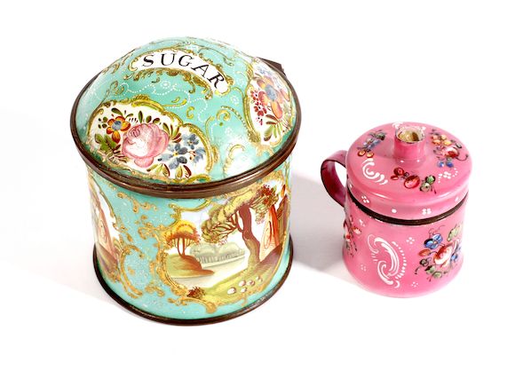 Bonhams : A South Staffordshire enamel sugar container and a bougie box ...