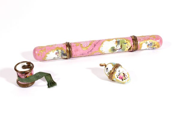 Bonhams : A South Staffordshire enamel tape measure, a miniature egg ...
