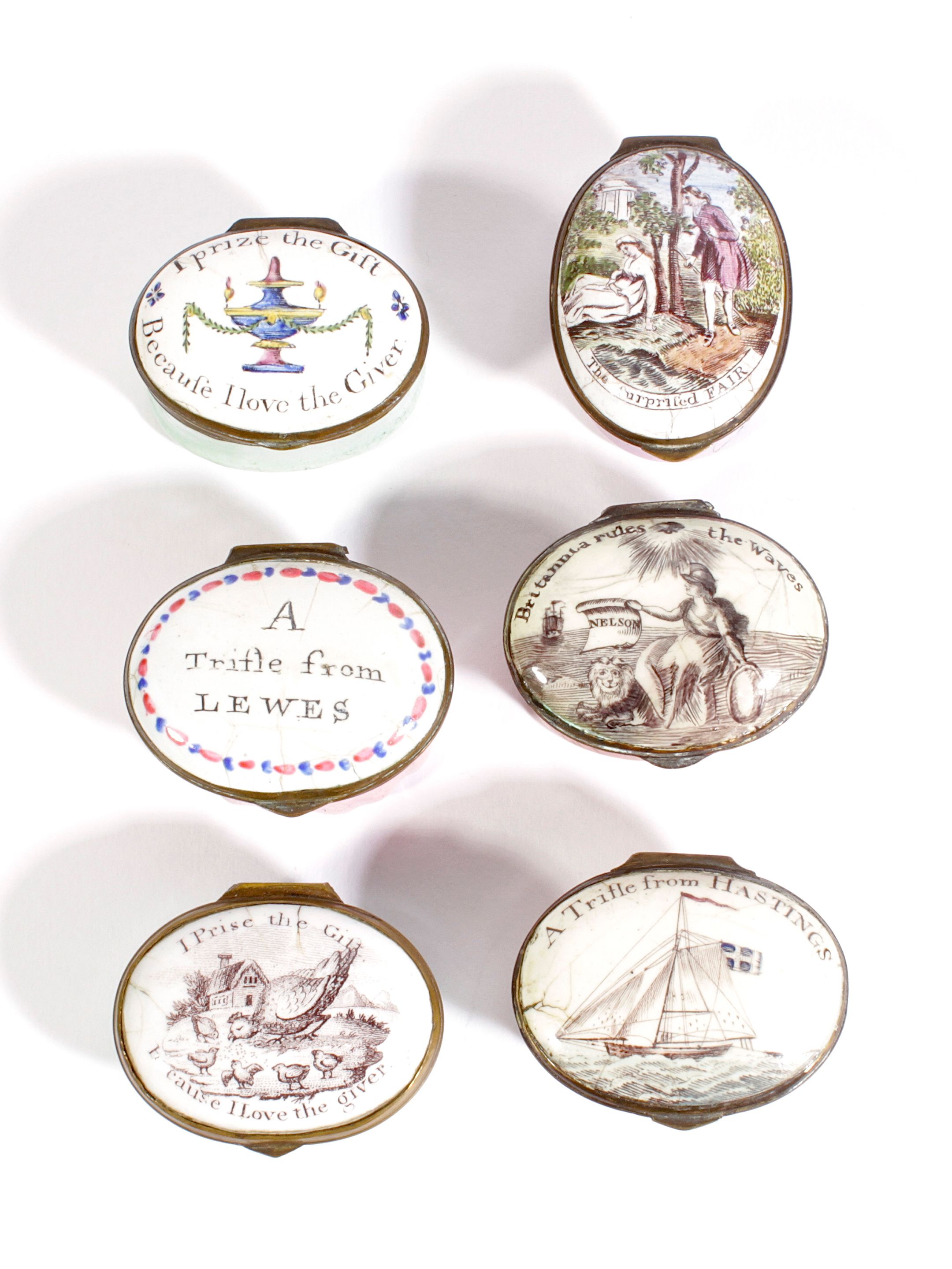 Bonhams : Six South Staffordshire enamel patch boxes, circa 1790-1810