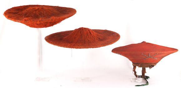 Bonhams : Three Zulu red-dyed headdresses, inhloko
