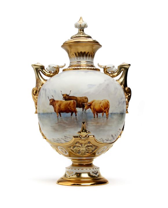 Bonhams : A large Royal Worcester 'Highland Cattle' vase and cover ...