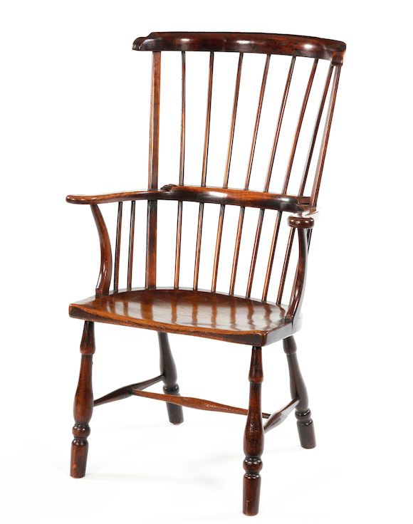 Bonhams : A George III elm and fruitwood shawl back Windsor elbow chair