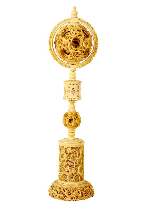 Bonhams : A Canton export carved ivory puzzle ball and stand, late 19th ...