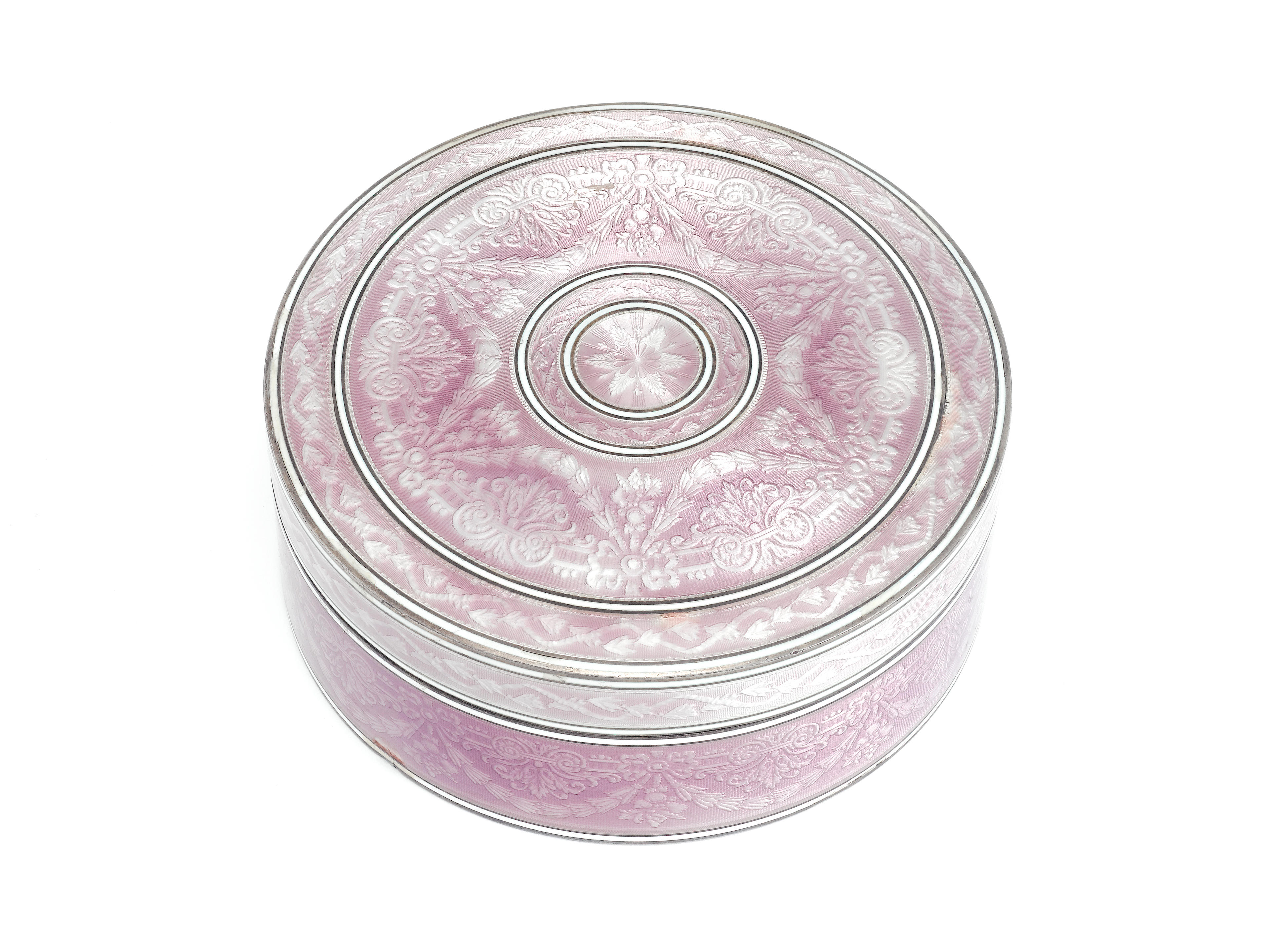 Bonhams : An enamelled circular dressing set box with pseudo Russian marks
