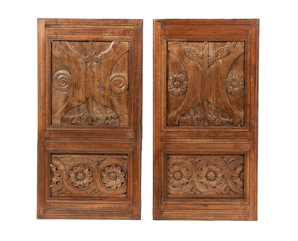 Bonhams : A near pair of parchemin-type carved oak panels 16th century