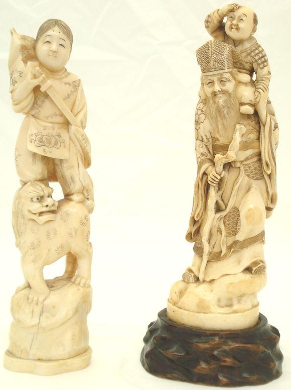 Bonhams : Two walrus tusk figure groups Japanese, Meiji