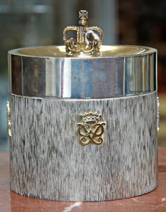 Bonhams : A silver wedding cylindrical biscuit box