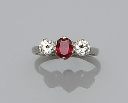 Bonhams : A ruby and diamond three stone ring