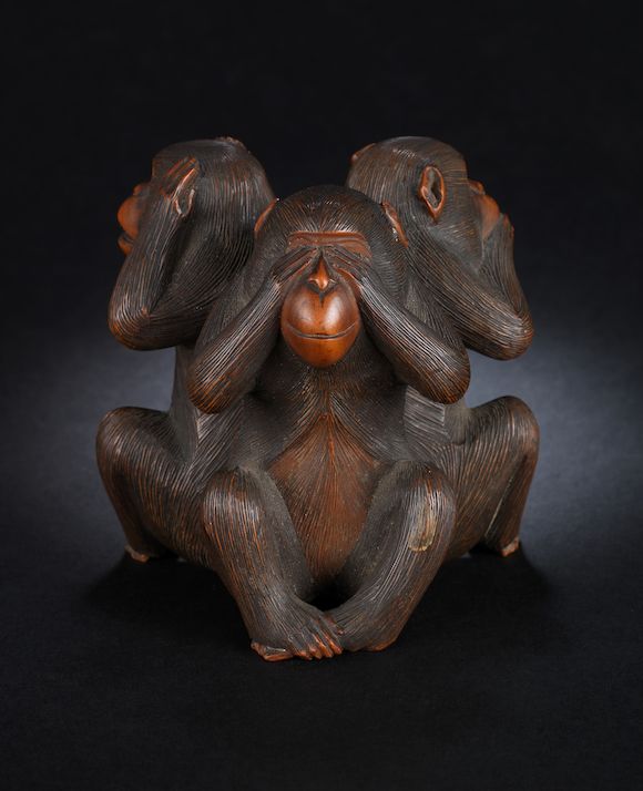 Bonhams : A wood okimono of the Sambiki saru Meiji Period or later