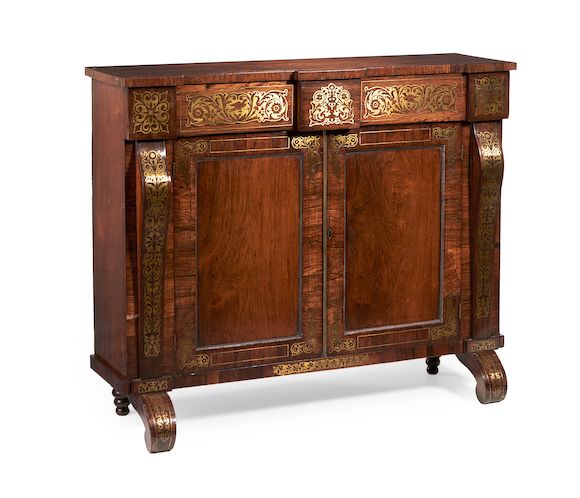 Bonhams : A Regency rosewood and 'Boulle' brass inlaid side cabinetin ...