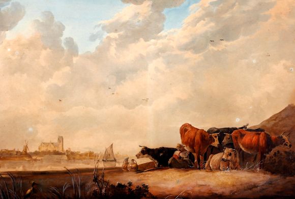 Bonhams : After Aelbert Cuyp A Dutch landscape with cattle, windmill ...