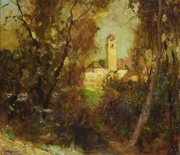 Bonhams : Ludovico Cavaleri (Italian, 1867-1942) Landscape with a church