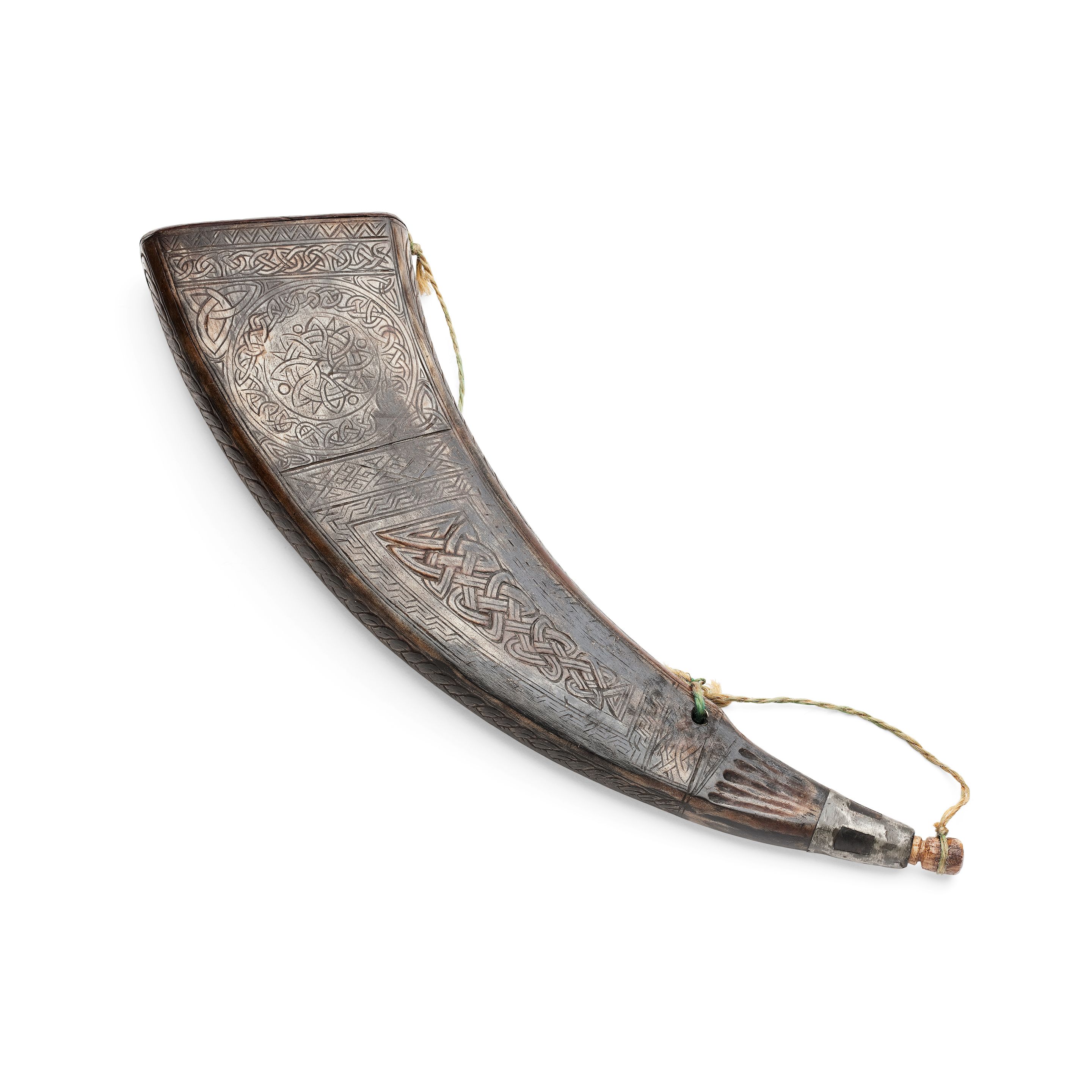 Bonhams : A large Scottish cow horn powder flask, probably 19th century