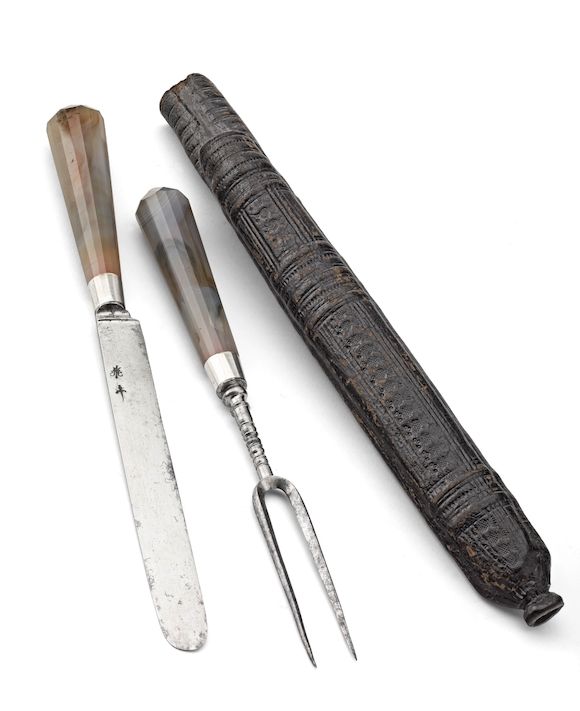Bonhams : A mid 18th century agate handled knife and fork set, in ...