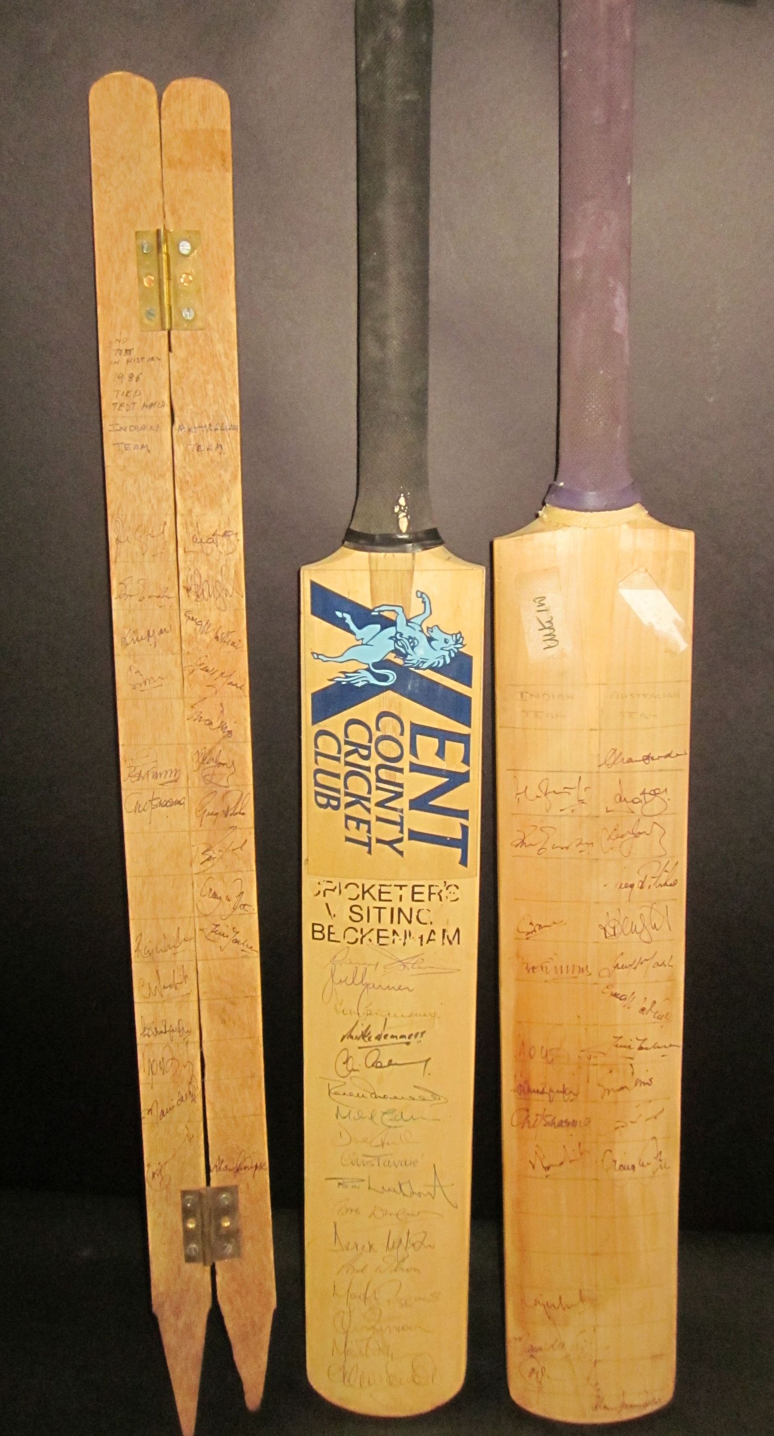 Bonhams : 1986 India/Australia tied match hand signed cricket bat/stump ...