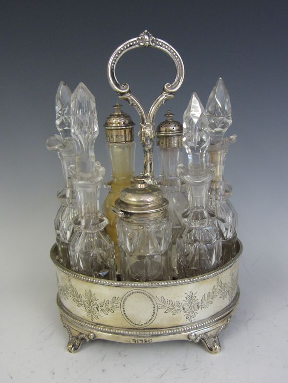 Bonhams : A Victorian silver and glass seven bottle cruet by Henry ...