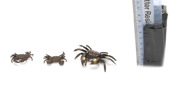 Bonhams : A small pair of articulated iron crabs and a gilt-bronze crab ...