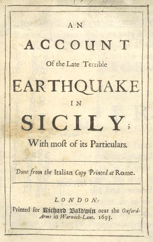 Bonhams : SICILY, EARTHQUAKE An Account of the Late Terrible Earthquake ...