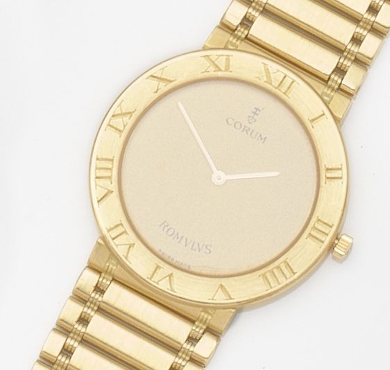 Bonhams : Corum. An 18ct gold quartz bracelet watchRomulus, Ref:50.103 ...