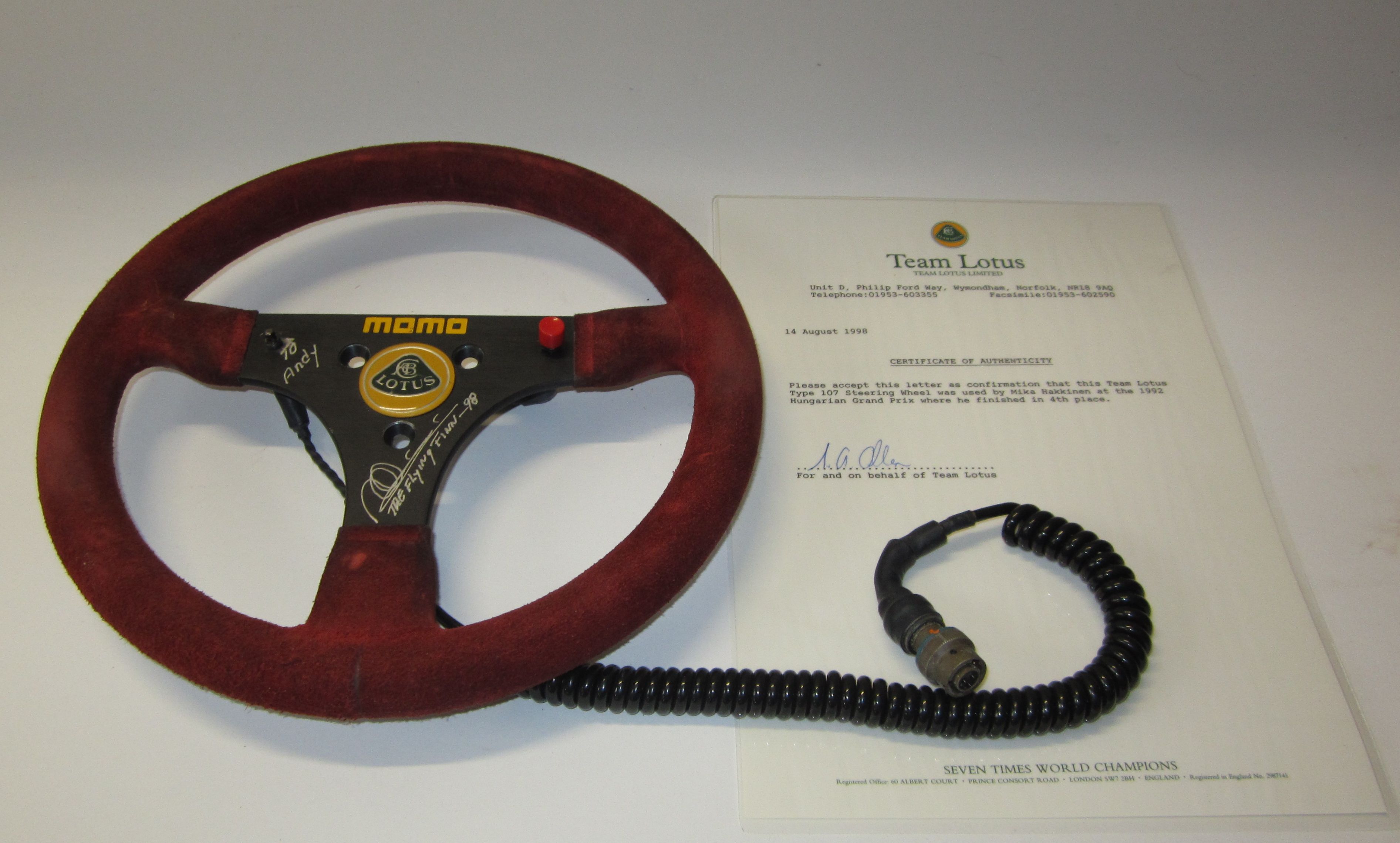 Bonhams Cars : The Momo Lotus steering wheel used by Mika Hakkinen at ...