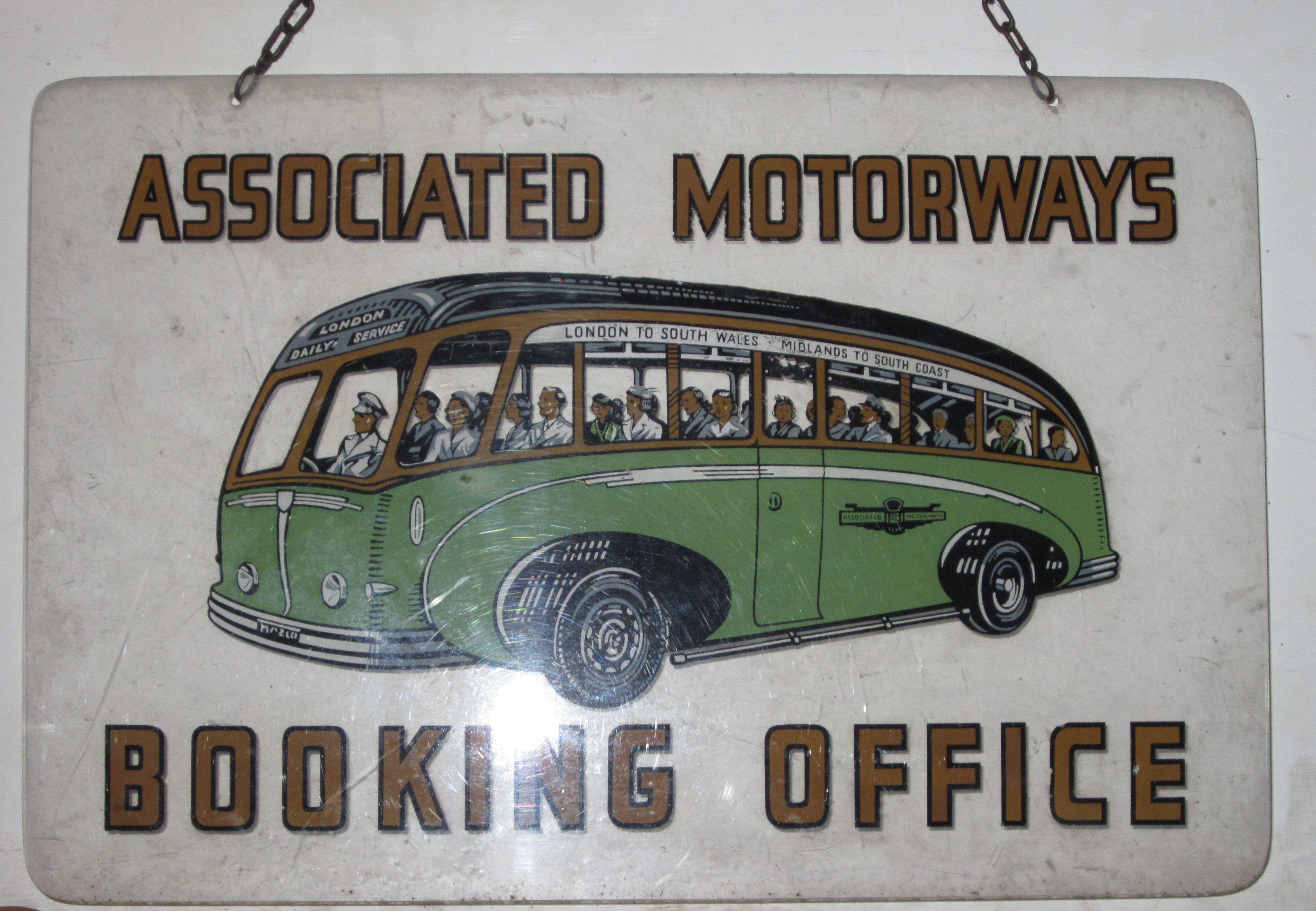 Bonhams Cars : An Associated Motorways Booking Office hanging sign,