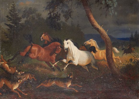 Bonhams : Friedrich Anton Kilp (German, 1822-1872) Wolves attacking ...