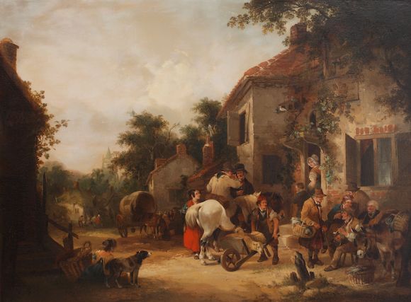 Bonhams : William Shayer, Snr. (British, 1787-1879) Market day, with ...