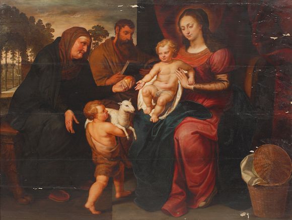 Bonhams : Flemish School, 17th/18th Century Holy family with St. John ...