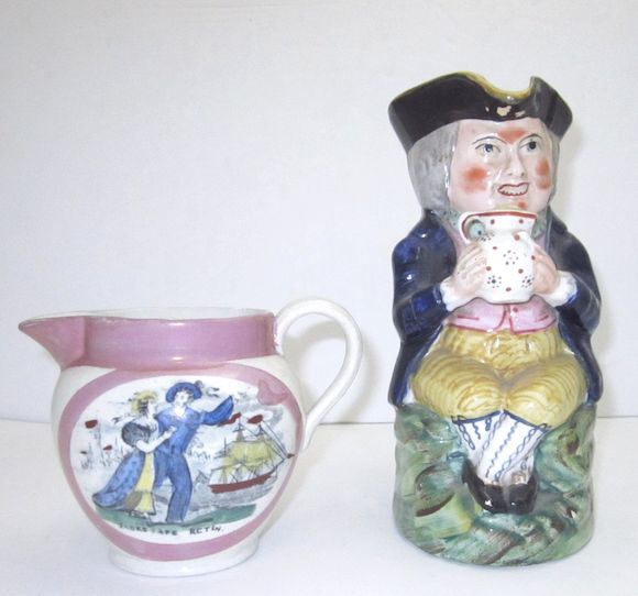 Bonhams : A pink lustre jug and a toby jug 19th century