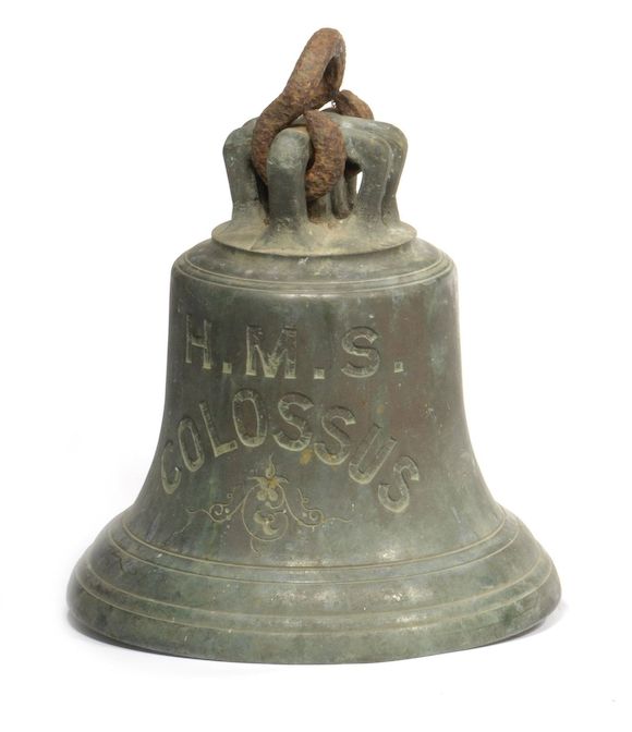 Bonhams : A Bronze ship's bell, HMS Colossus 1882. 12ins. (31cm)diam.