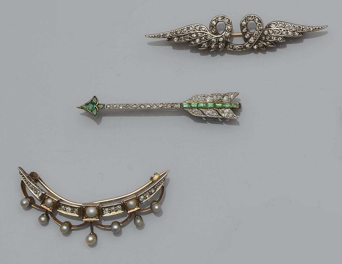 Bonhams : Three gem set bar brooches Comprising a Victorian diamond set ...