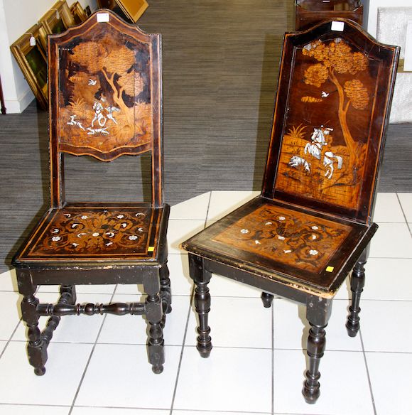 Bonhams : A pair of 19th Century Italian ivory inlaid hall chairs,