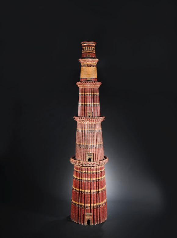 Bonhams : A large polychrome painted wood model of the Qutub Minar ...