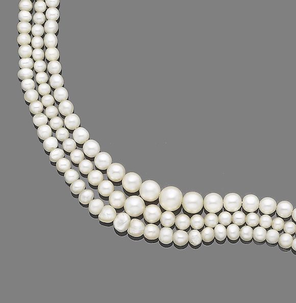 Bonhams : Three single-strand natural pearl necklaces and one single ...