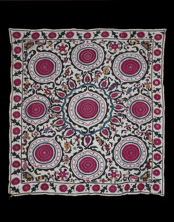 Bonhams : A silk embroidered linen Panel (susani) Uzbekistan, 19th Century