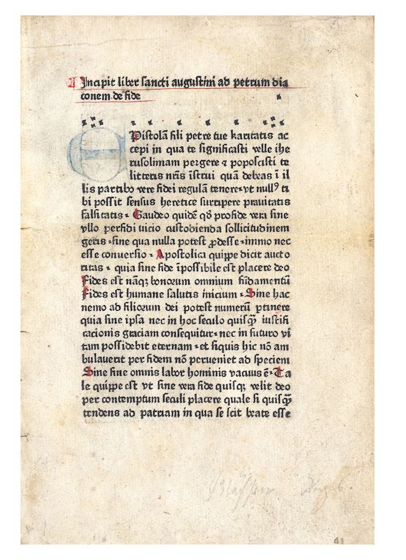 Bonhams : AUGUSTINUS [PSEUDO-AUGUSTINUS] De fide ad Petrum diaconum, 1473