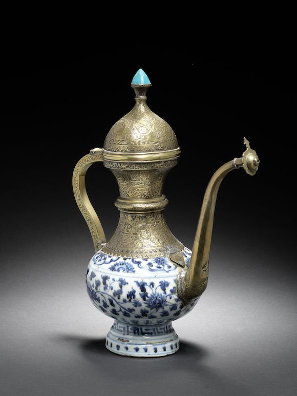 Bonhams : A Ming porcelain Ewer with Safavid brass mounts Persia and ...