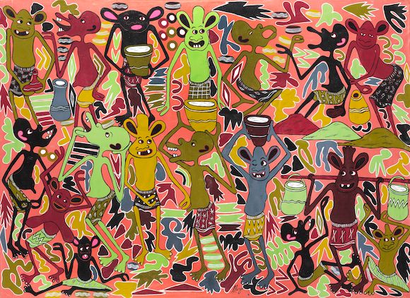 Bonhams : George Lilanga di Nyama (Tanzanian, 1934-2005) 'Wana kijiji ...