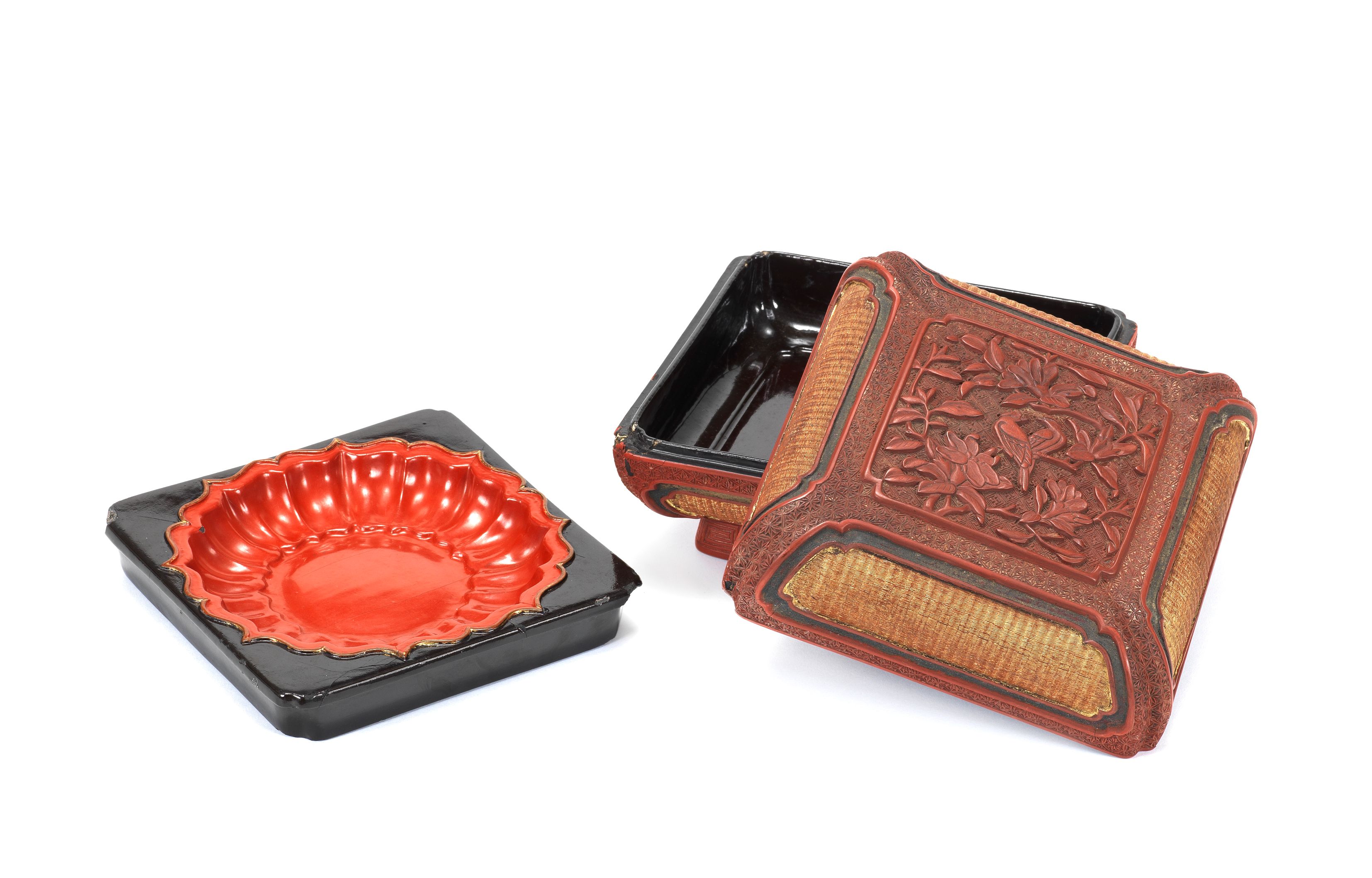 Bonhams : A red lacquer and basketweave square box, tray and cover 16th ...