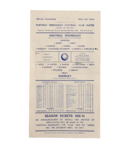 Bonhams : 1950/51 County Cup Sheffield Wednesday v Barnsley football ...