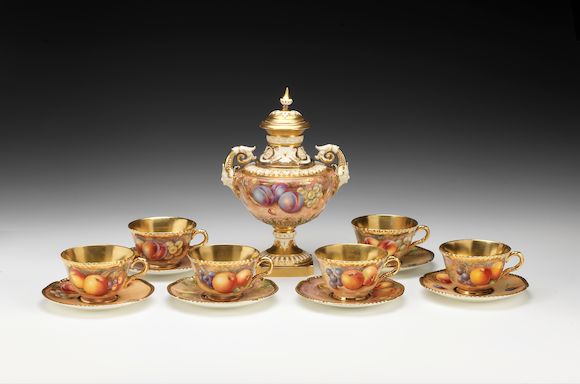 Bonhams : A set of six Royal Worcester Painted Fruit teacups and saucers, late 20th century