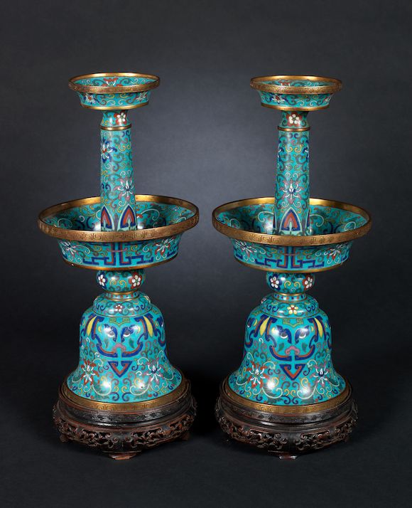 Bonhams : A pair of cloisonné enamel candlesticks Qianlong four ...